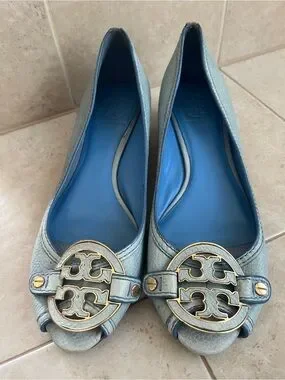 Tory Burch | Shoes | Tory Burch Pale Blue Leather Ballet Flat With Gold ...